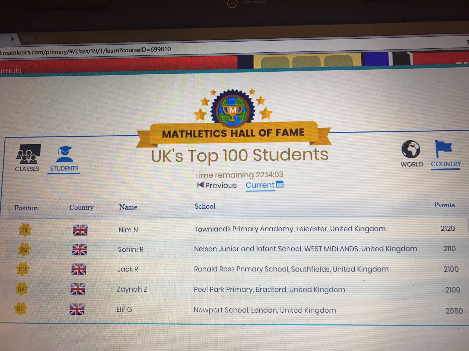 Year 4 student features in top 100 Mathletics Hall of Fame...